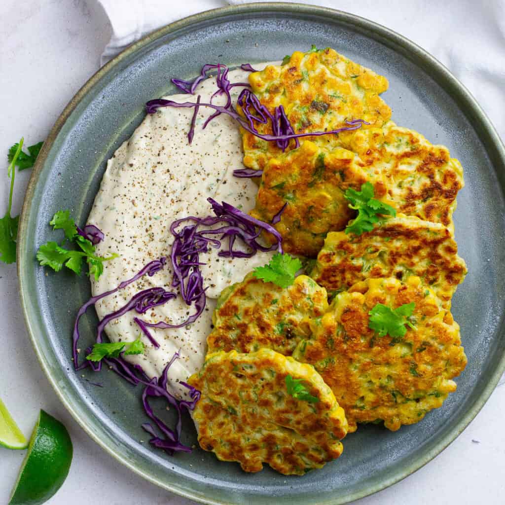 Corn Fritters with Cilantro Tahini Sauce - Plates by Nat