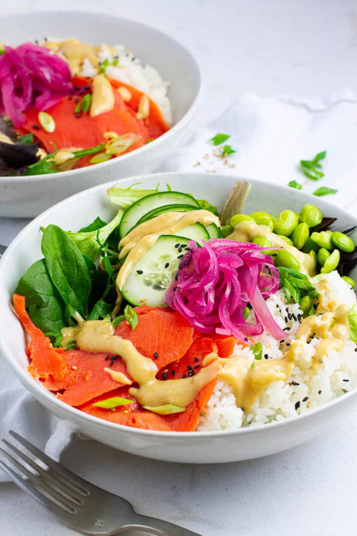 Smoked Salmon Bowls with Miso Tahini Dressing - Plates by Nat
